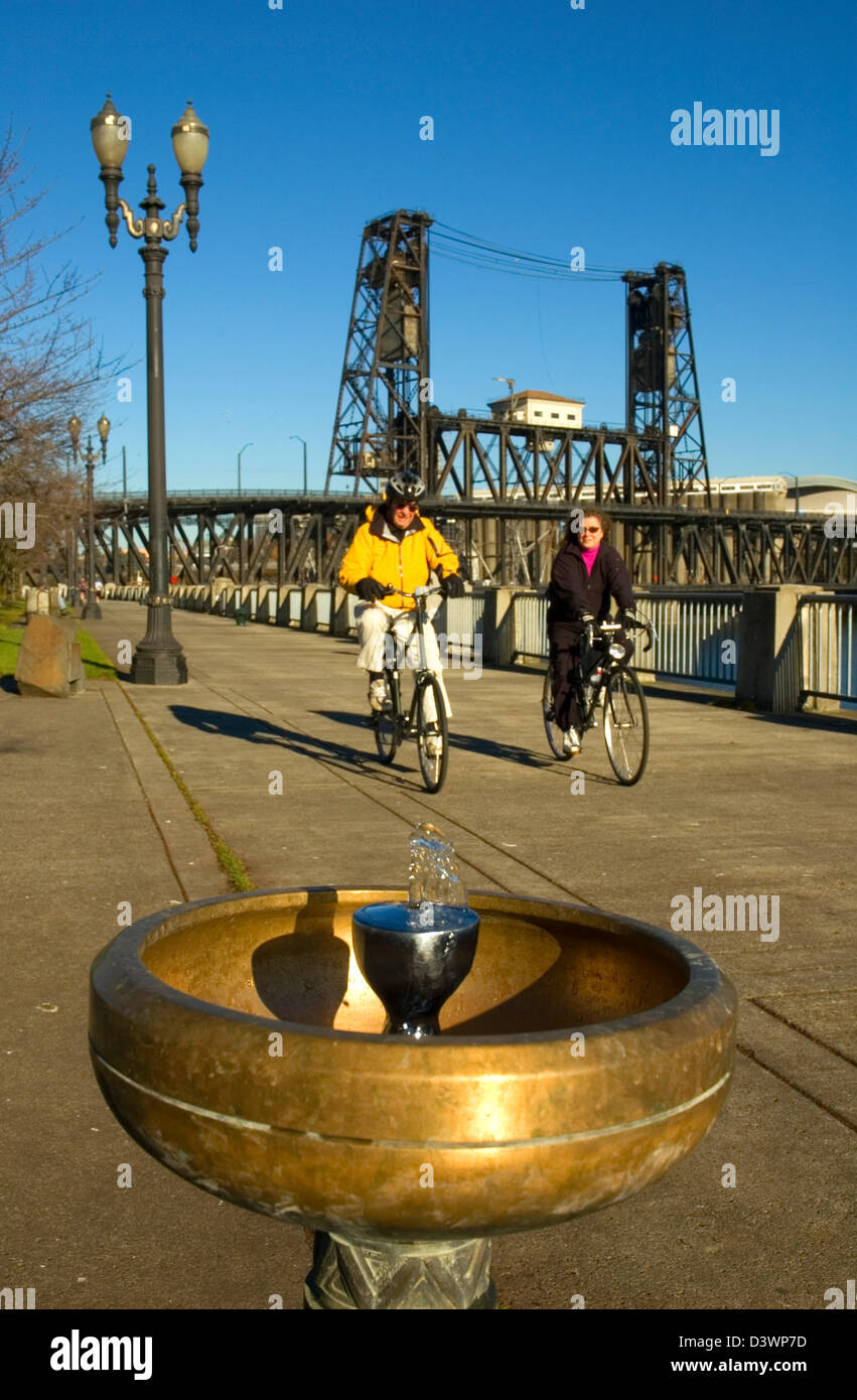 Bubbler with Steele Bridge & bicyclists, Tom McCall Waterfront Park ...