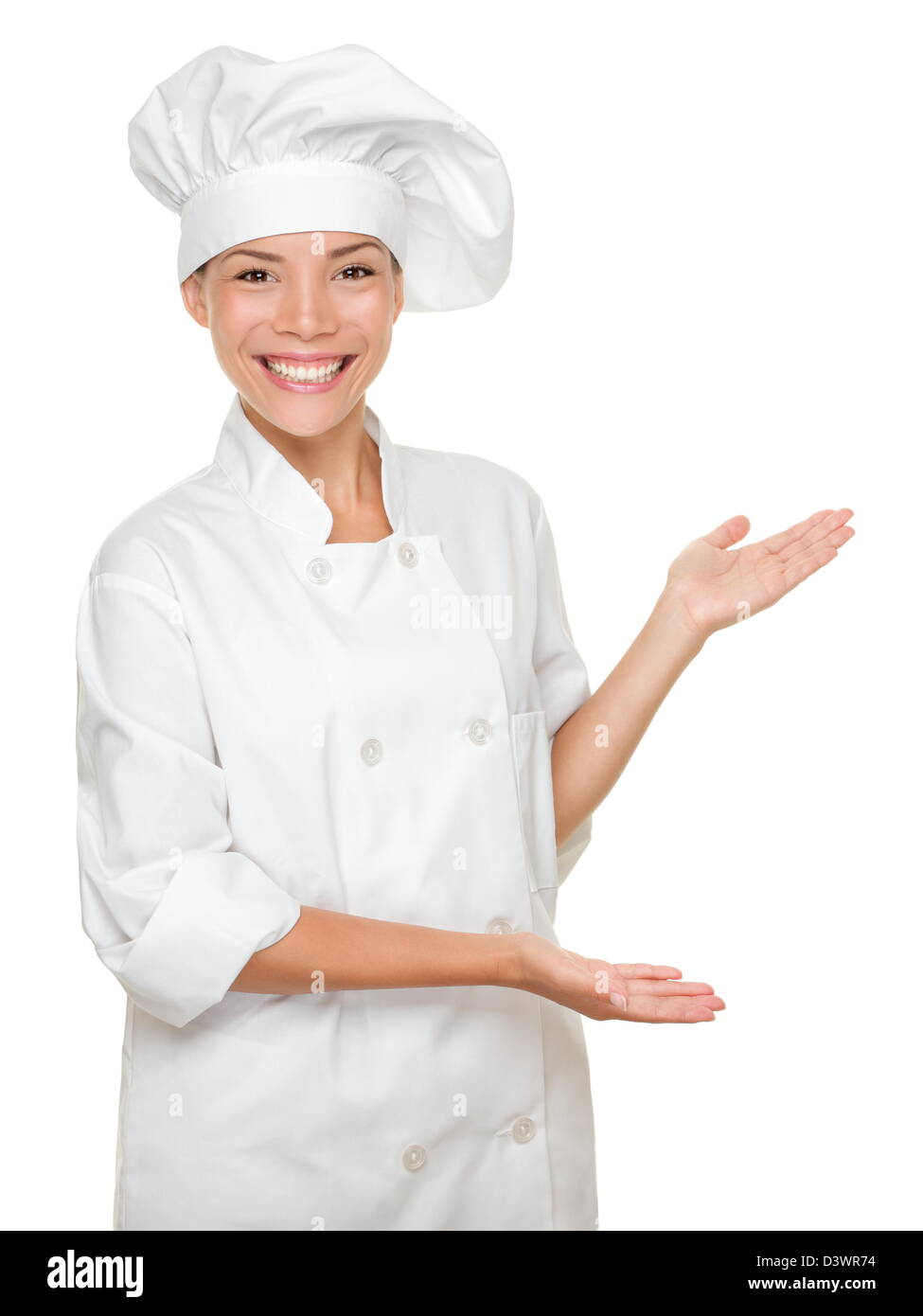 Portrait of multicultural Caucasian Asian female chef showing and ...