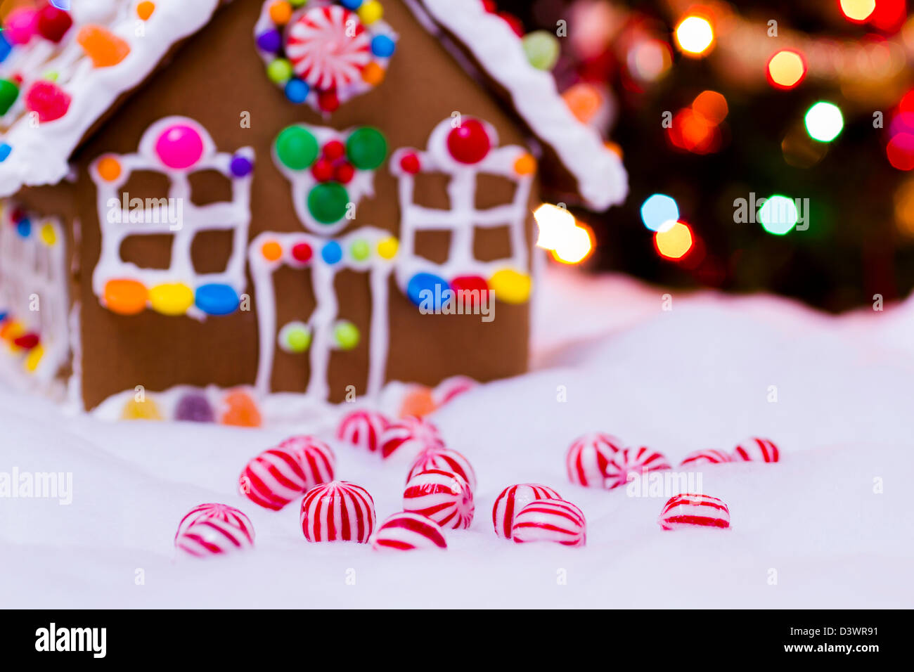 Gingerbread house with round peppermint candies Stock Photo - Alamy