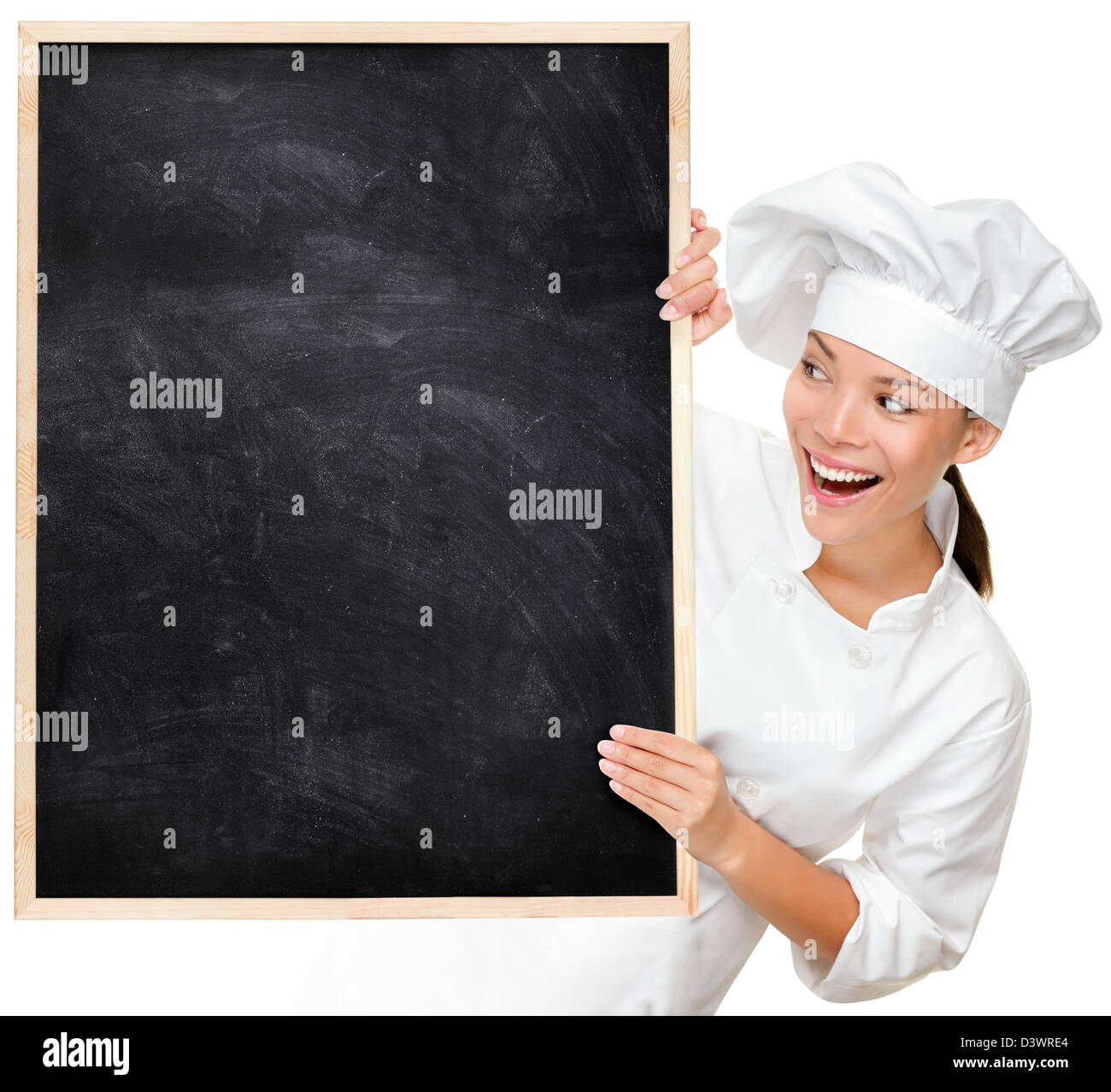 Multicultural Asian Caucasian young female chef showing blank menu sign ...