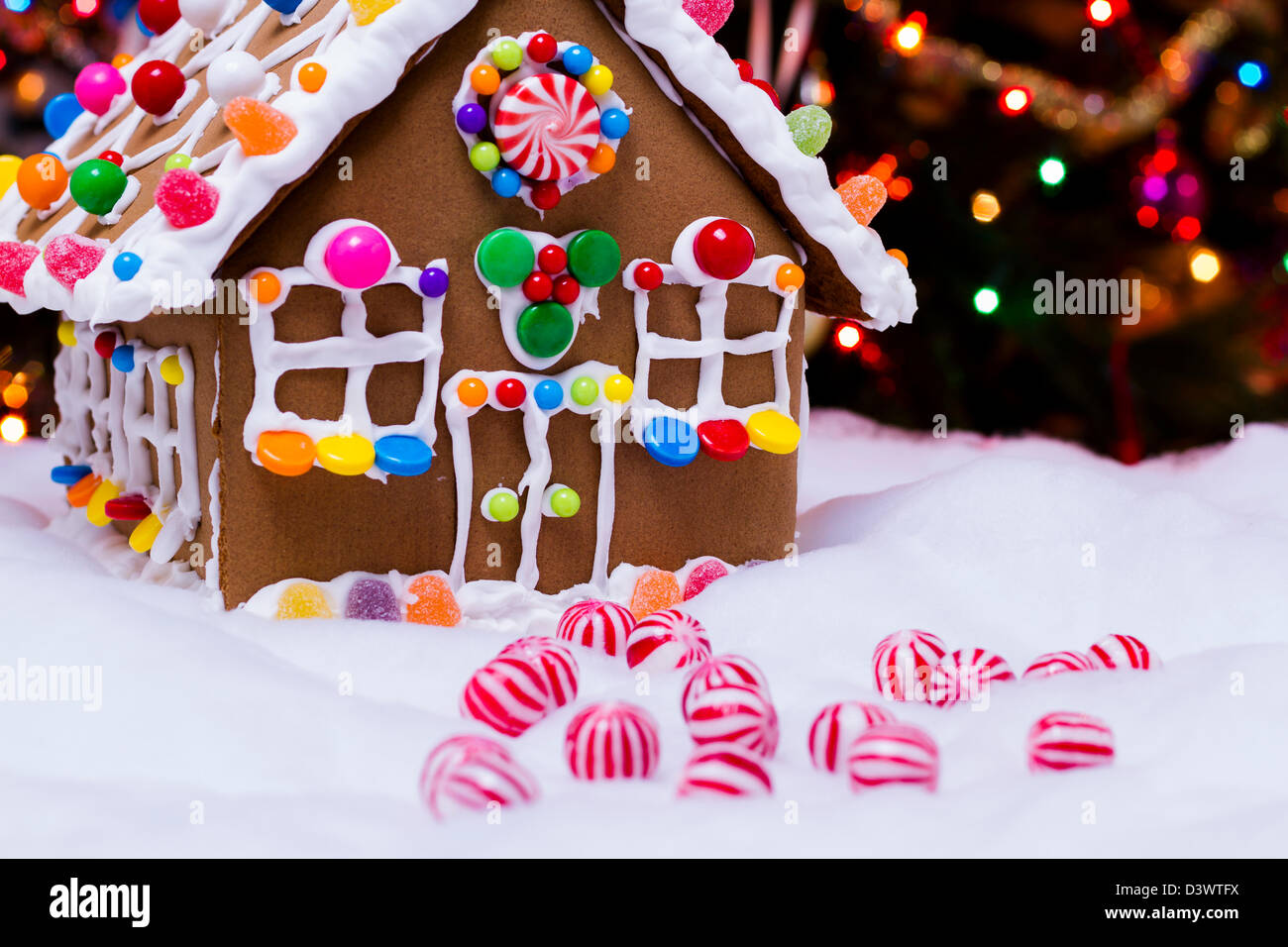 Gingerbread house with round peppermint candies Stock Photo - Alamy