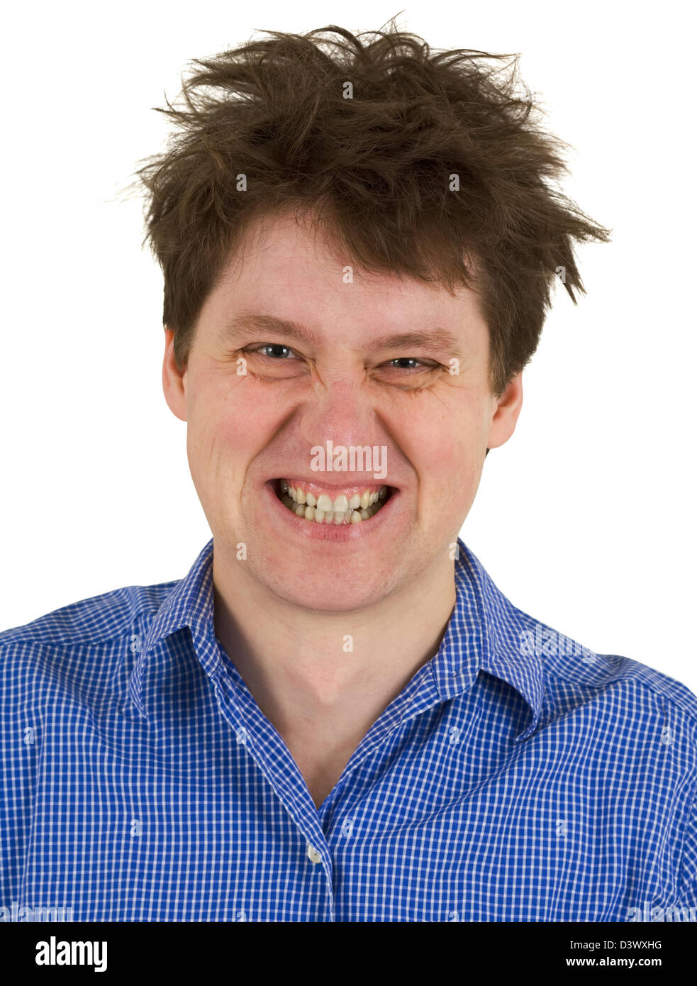 Dishevelled madman in blue shirt isolated on white background Stock ...