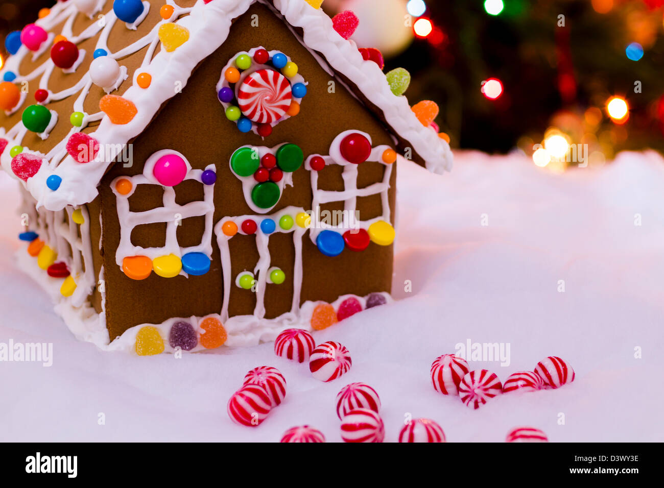 Gingerbread house with round peppermint candies Stock Photo - Alamy