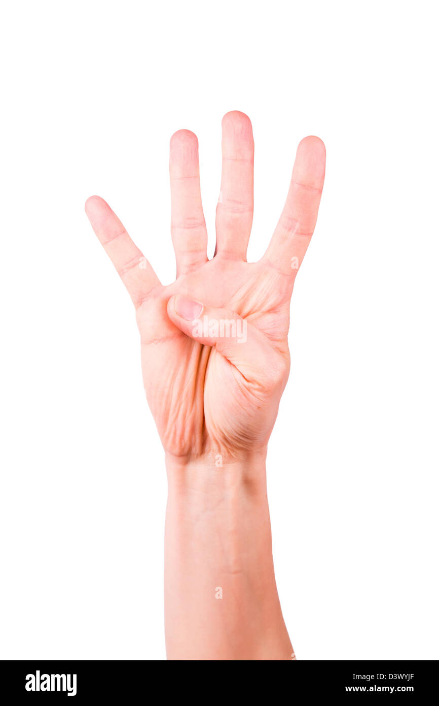 Male hand showing number four isolated on white Stock Photo - Alamy