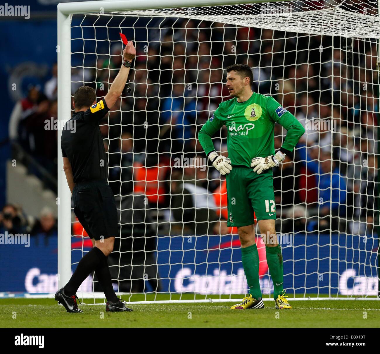 London, UK. 24th February 2013. Bradford's Matt Duke gets sent off ...