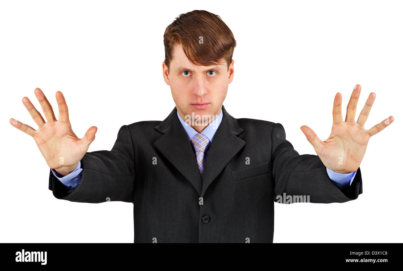 Serious business man in suit and tie with stopping gesture isolated on ...