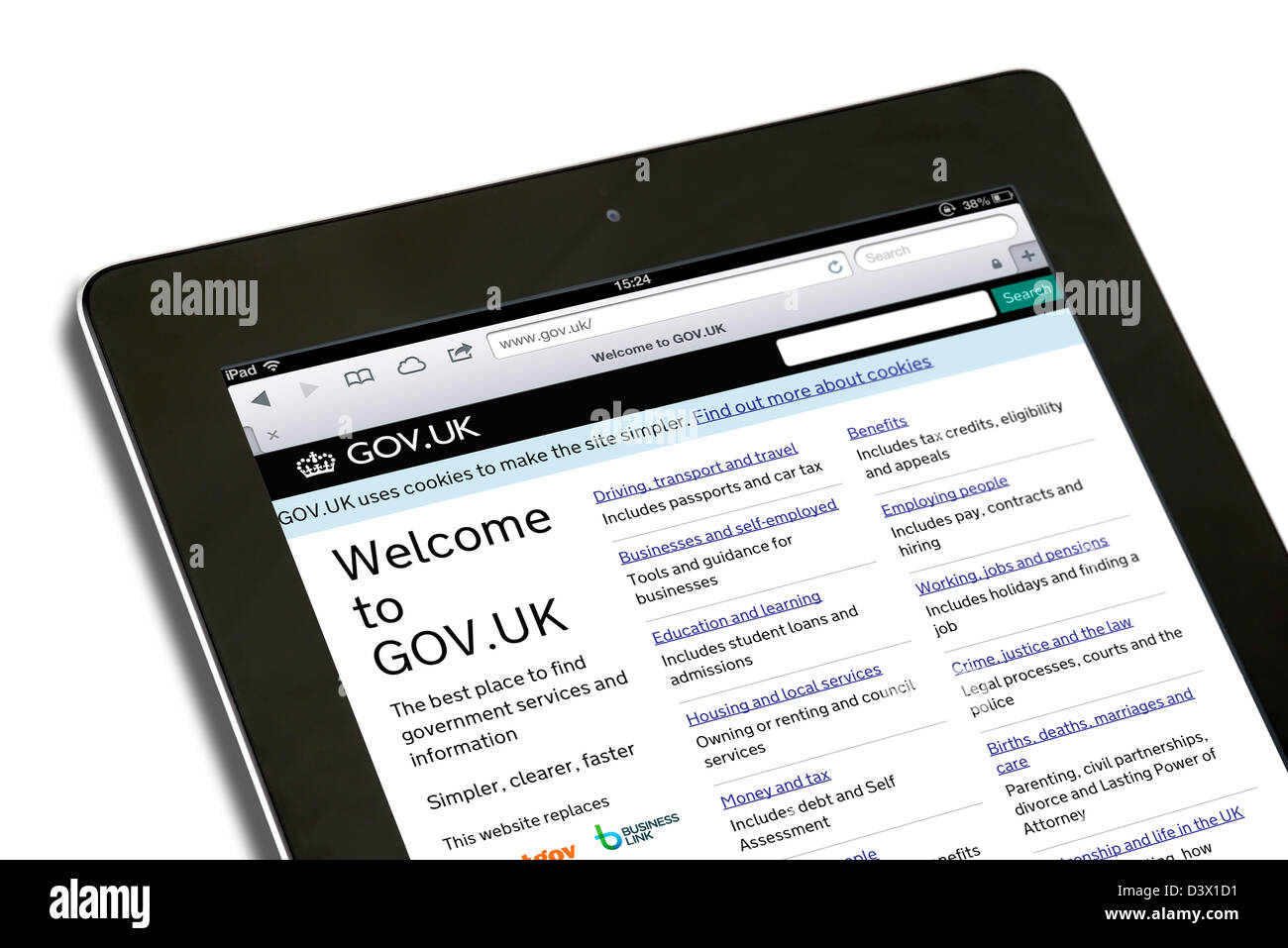 The UK government services site Gov.UK viewed on an retina display iPad ...