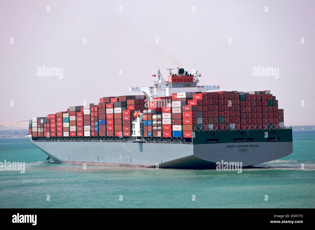Ultra large container ship exiting the southern end of the Suez Canal ...