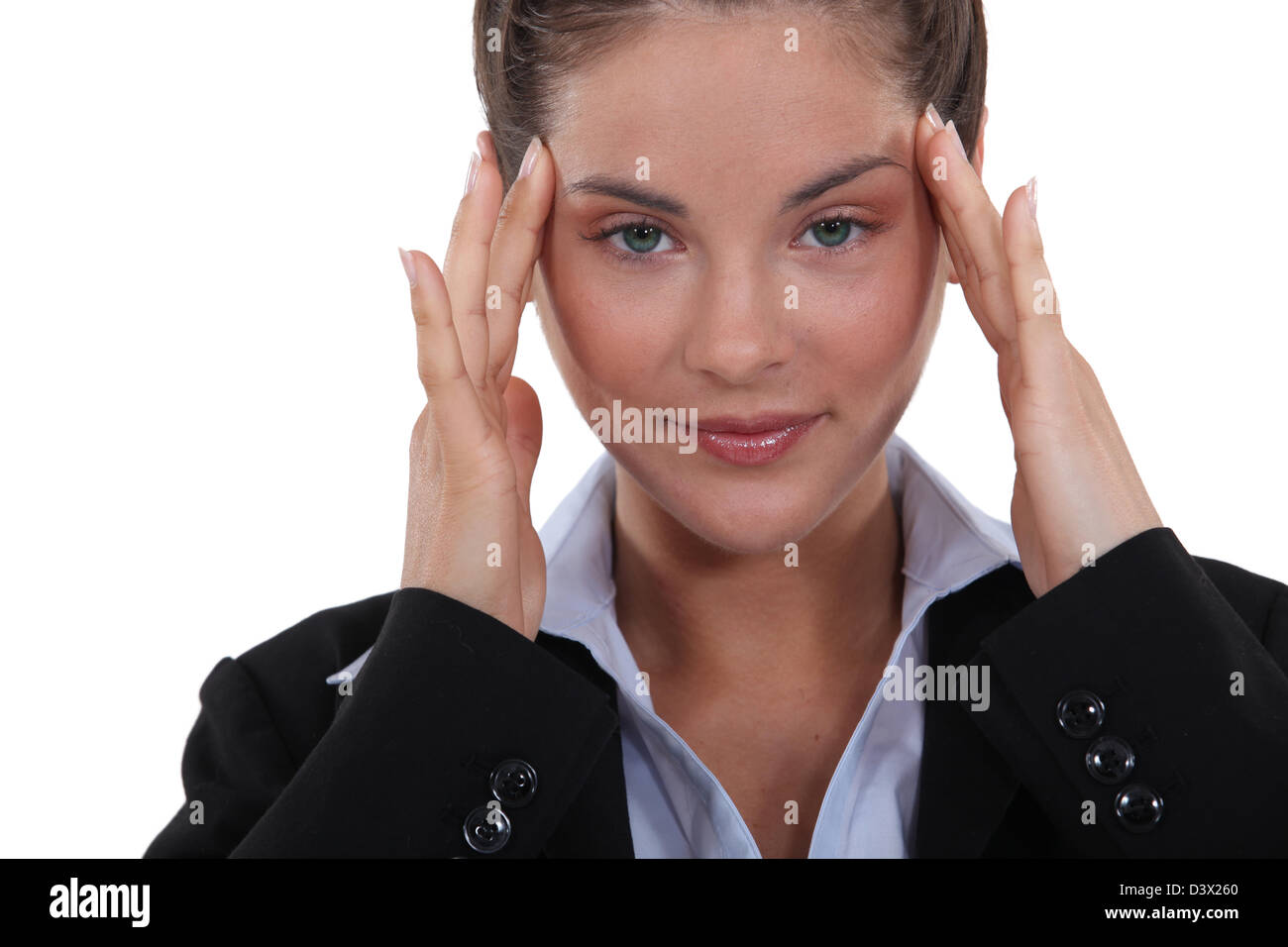 Woman touching her temples Stock Photo - Alamy