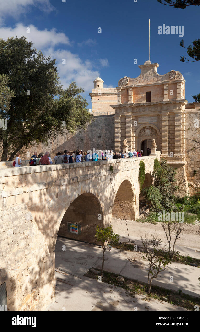 Main entrance to the medieval walled town of Mdina, Malta Stock Photo ...