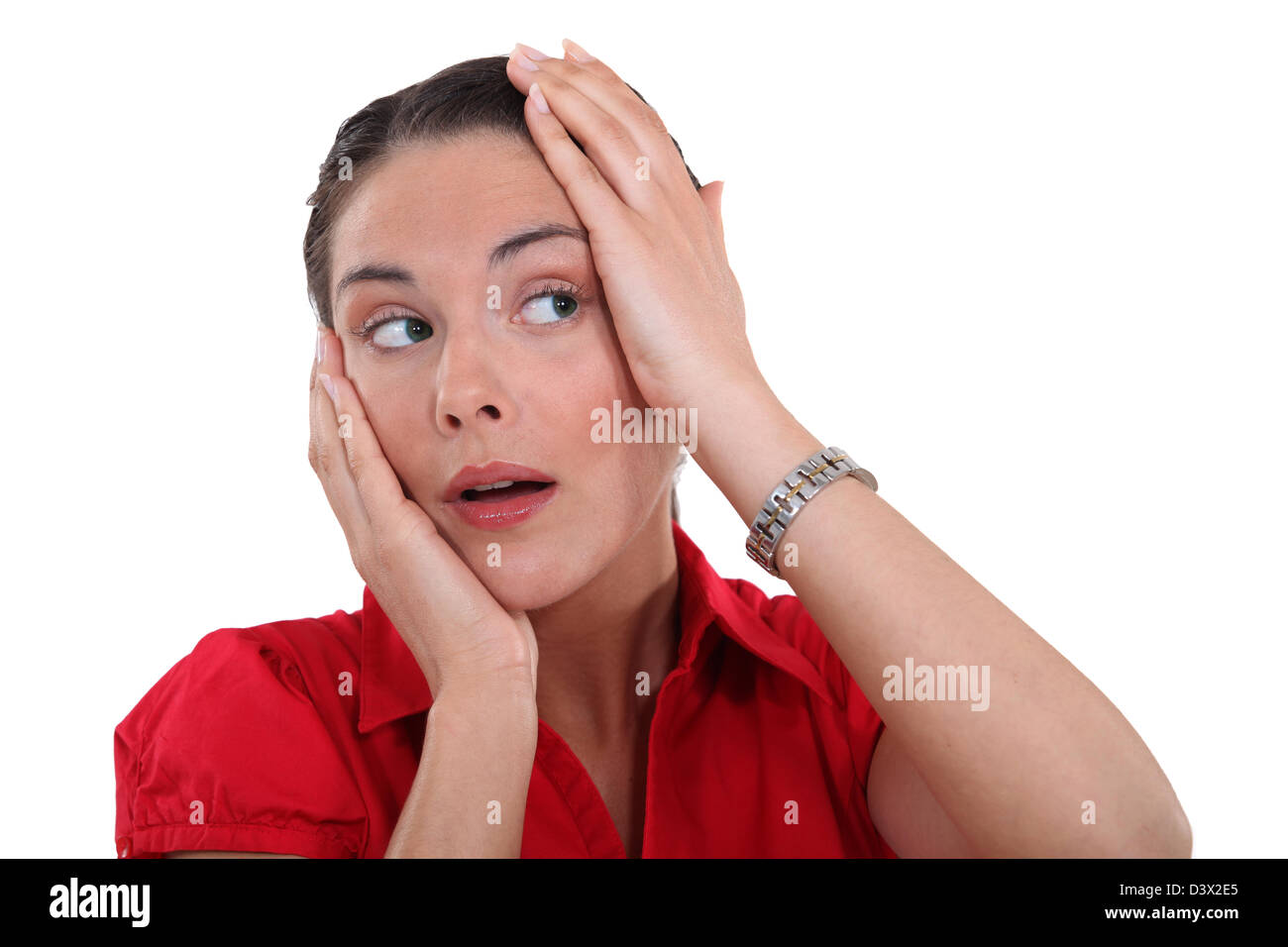 Woman touching her head Stock Photo - Alamy