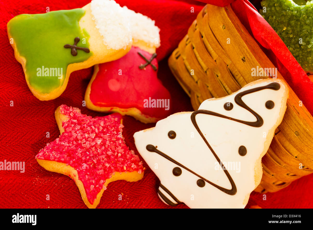 Assorted christmas cookies on red background Stock Photo - Alamy