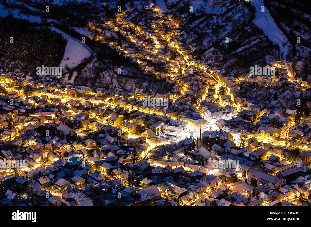 A night exposure over old part of Brasov called Schei Stock Photo - Alamy