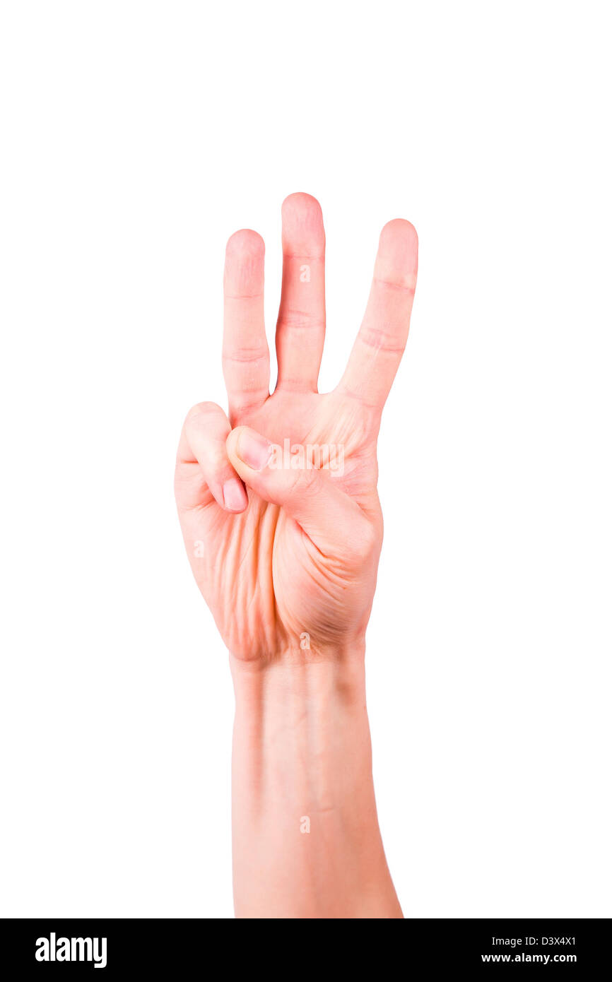 Male hand showing number three isolated on white Stock Photo - Alamy