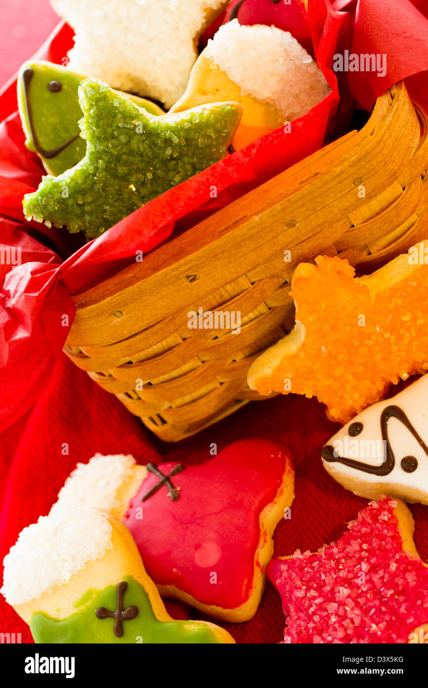 Assorted christmas cookies on red background Stock Photo - Alamy