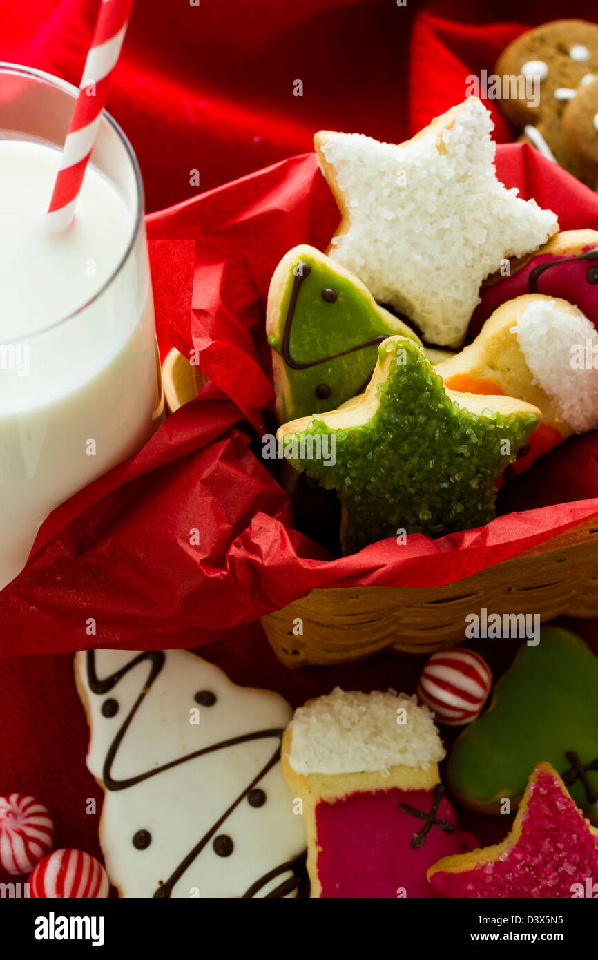 Assorted christmas cookies on red background Stock Photo - Alamy