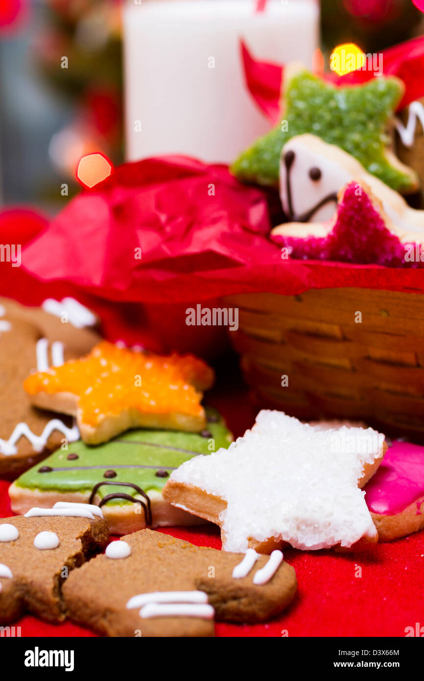 Assorted christmas cookies on red background Stock Photo - Alamy