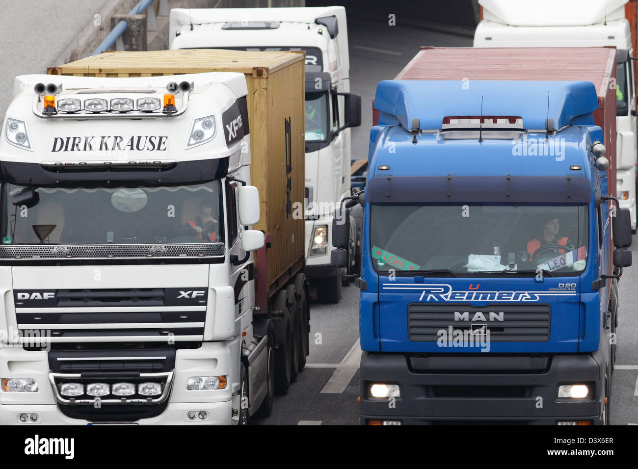 Hamburg, Germany, semi-trailers loaded with containers in the Port of ...