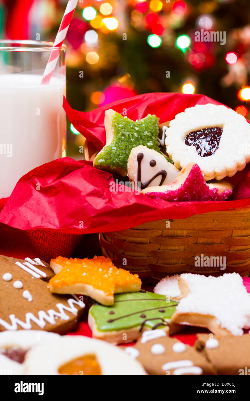 Assorted christmas cookies on red background Stock Photo - Alamy