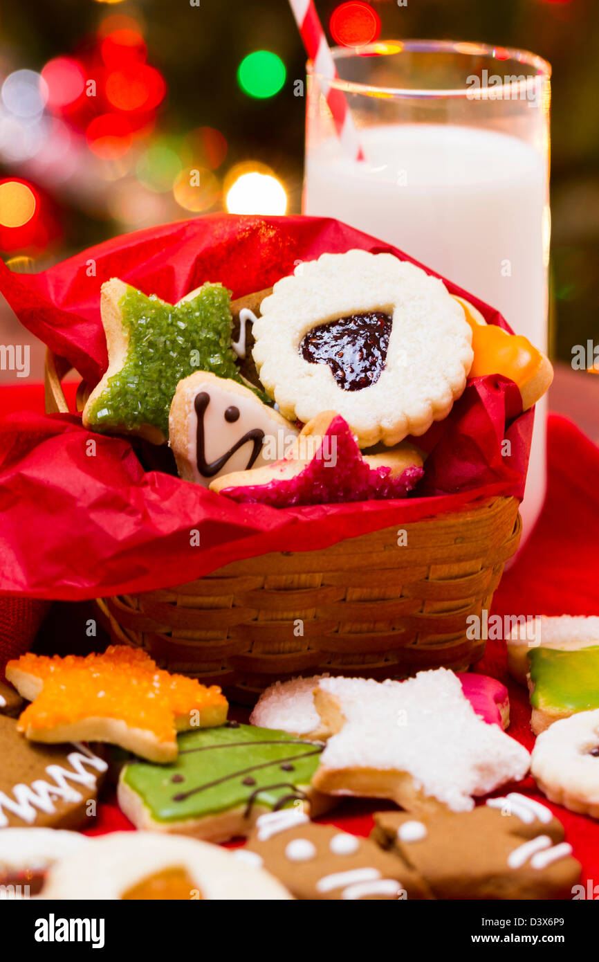 Assorted christmas cookies on red background Stock Photo - Alamy