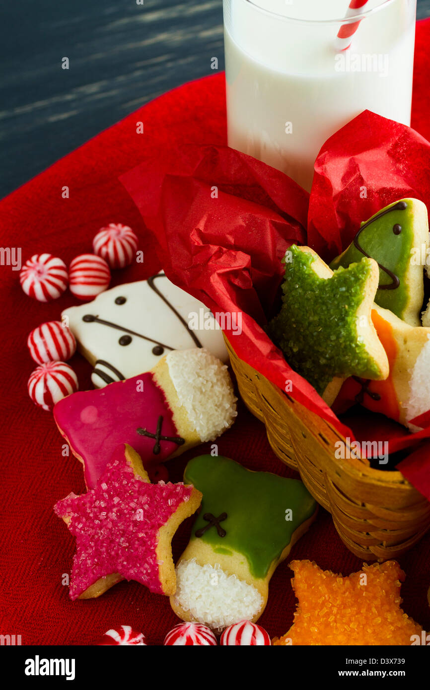 Assorted christmas cookies on red background Stock Photo - Alamy