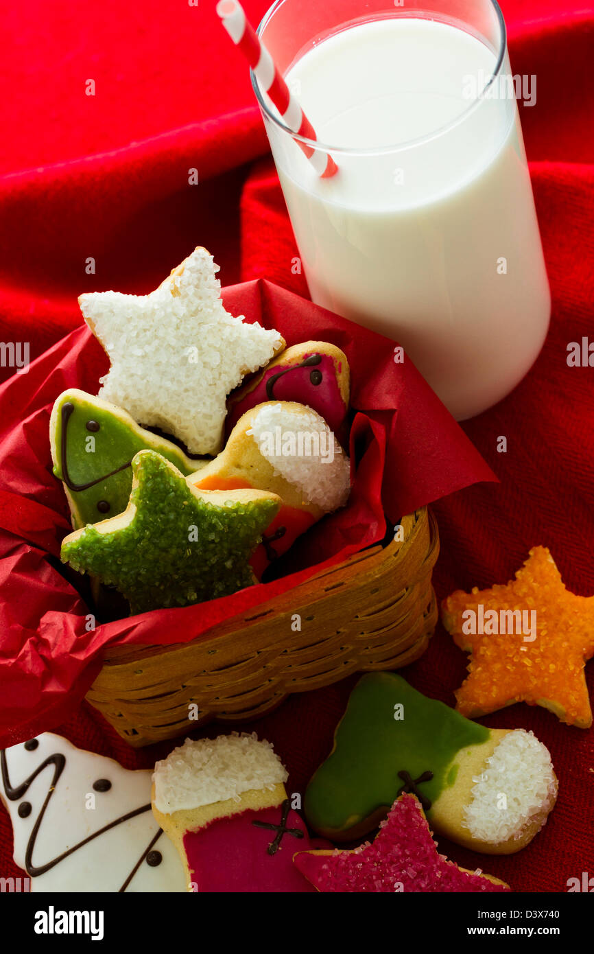 Assorted christmas cookies on red background Stock Photo - Alamy