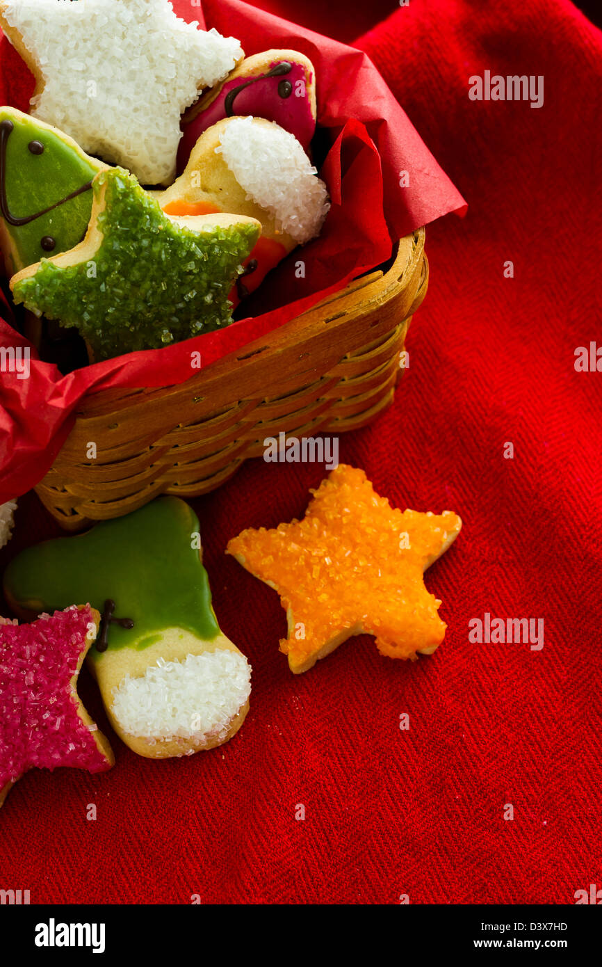 Assorted christmas cookies on red background Stock Photo - Alamy
