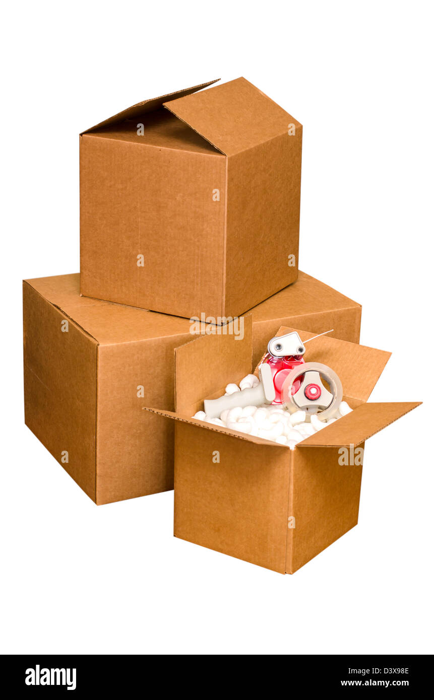 Shipping boxes with packing peanuts and tape dispenser isolated on ...