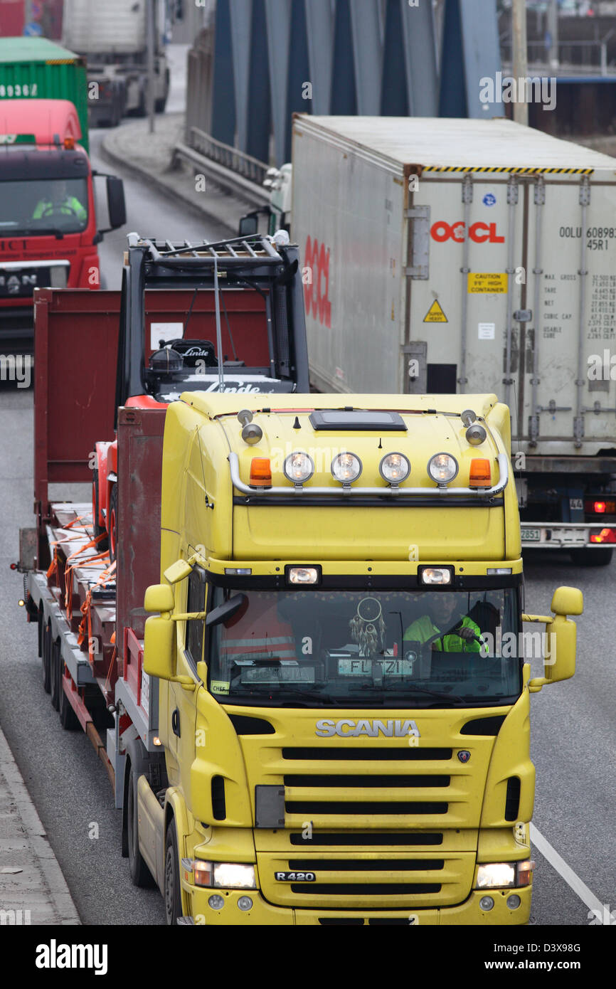 Hamburg, Germany, semi-trailers loaded with containers in the Port of ...