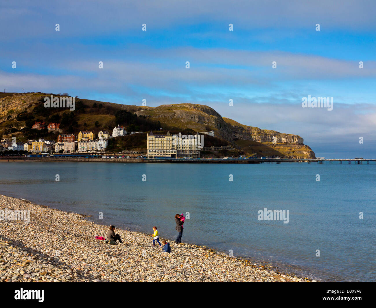 View of The Great Orme and seaside hotels from the beach at Llandudno Conwy North Wales UK Stock ...