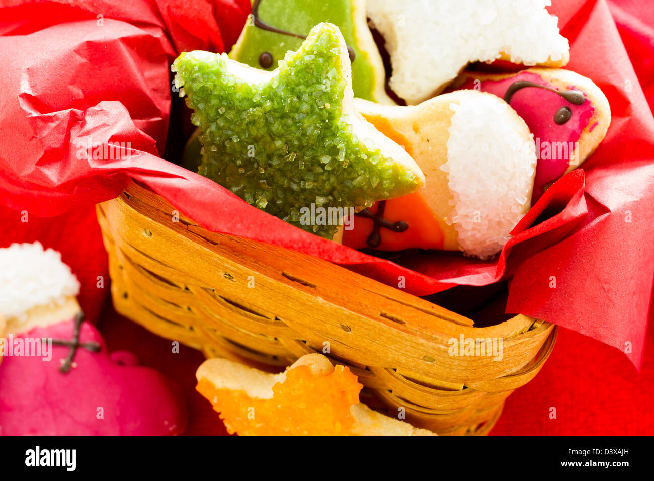 Assorted christmas cookies on red background Stock Photo - Alamy