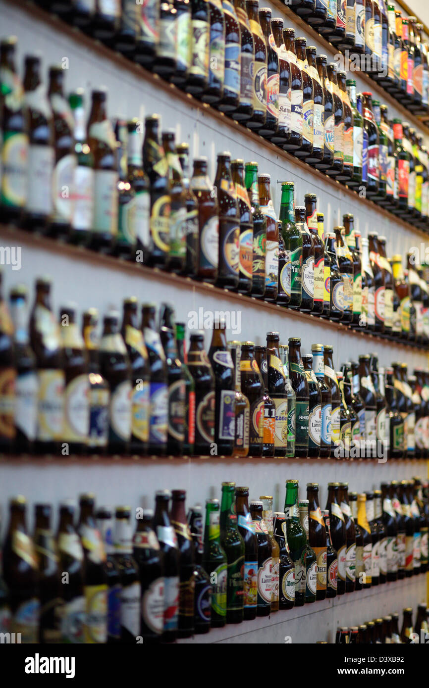 Berlin, Germany, a wall with beer bottles from all over Germany, Green ...