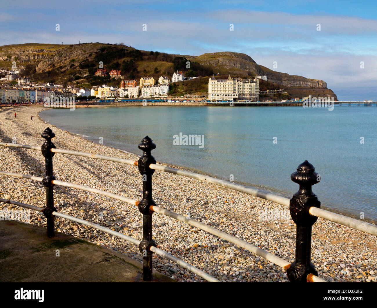 View of The Great Orme and seaside hotels from the beach at Llandudno ...