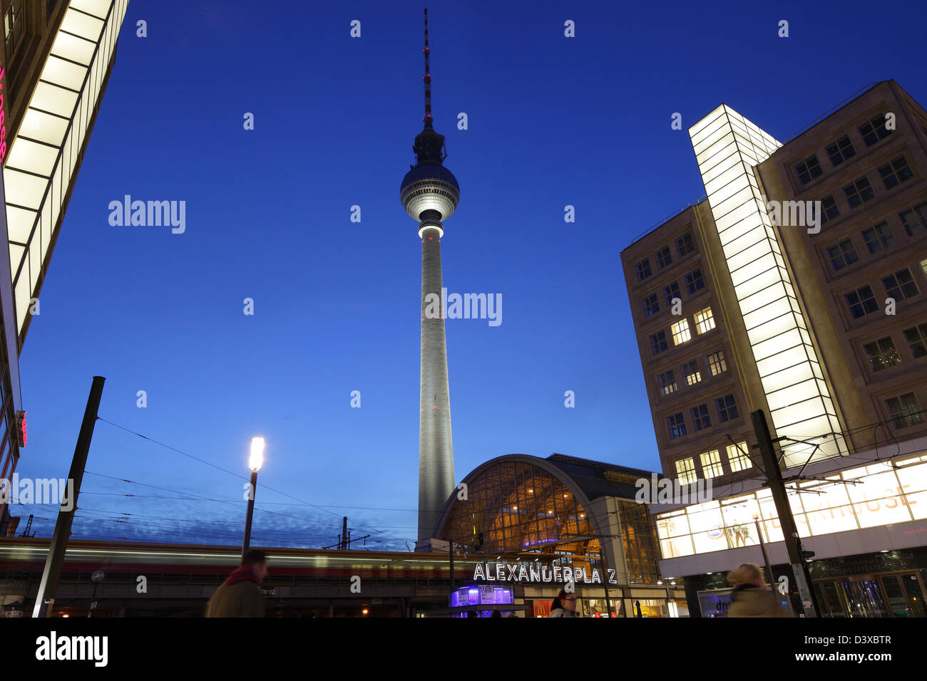 Berlin, Germany, the Alexanderplatz TV tower and the train station at ...