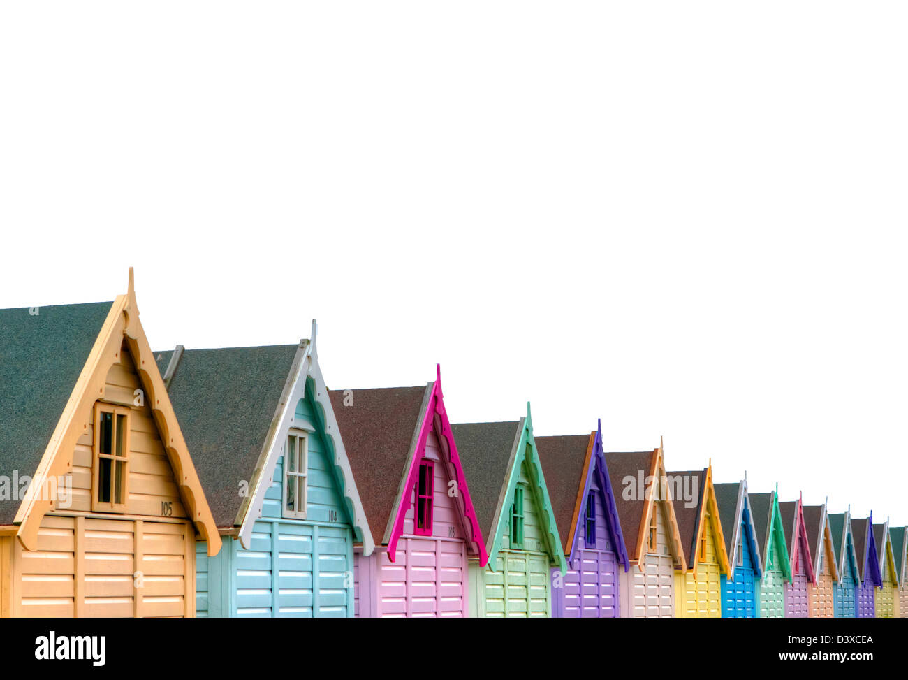 Mersea, Essex. Row of brightly coloured traditional beach hut Stock ...