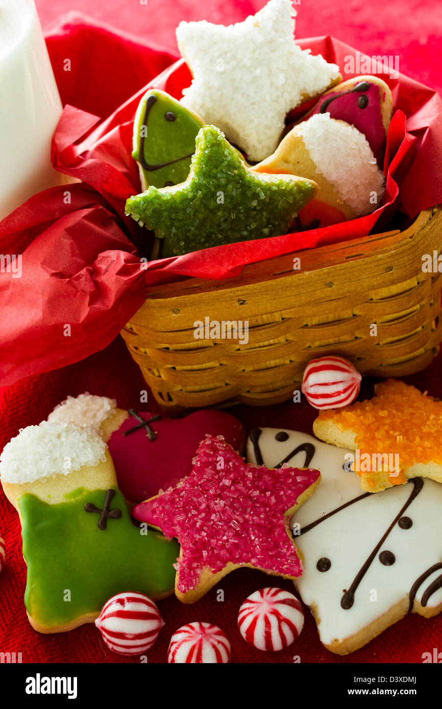 Assorted christmas cookies on red background Stock Photo - Alamy