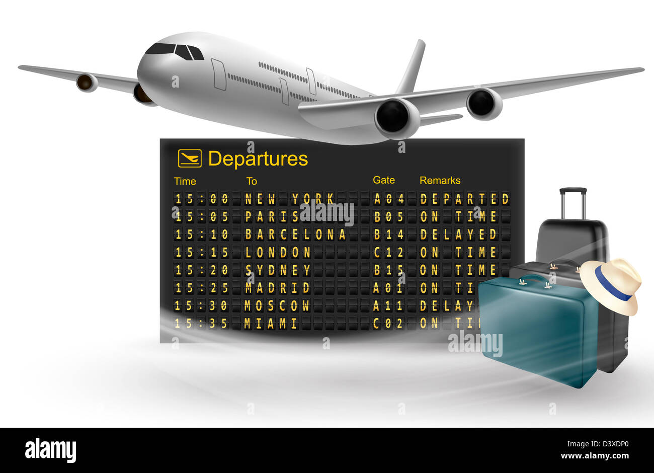Travel background with mechanical departures board and airline. Vector ...