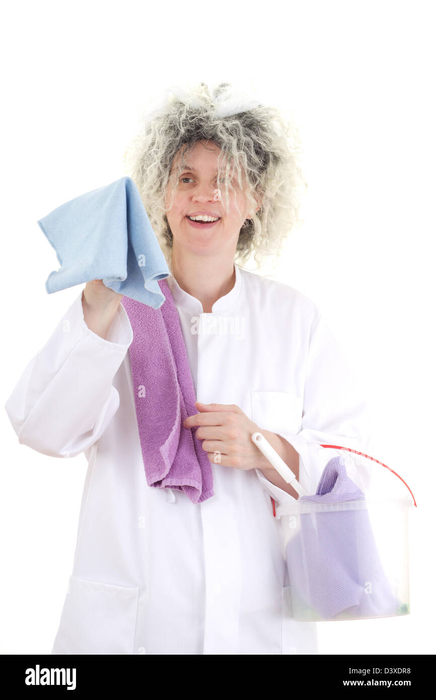 Female cleaner in white work coat Stock Photo - Alamy