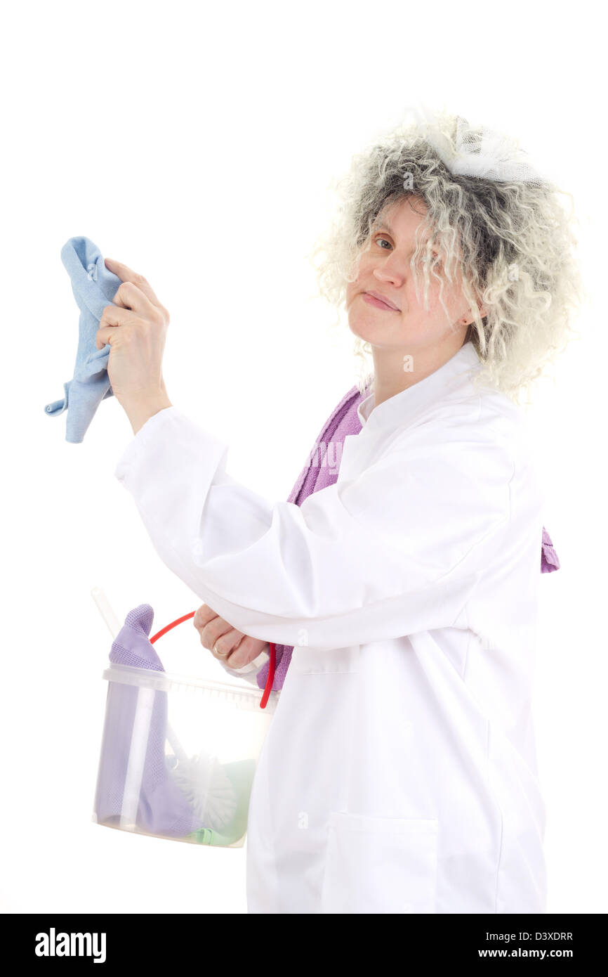 Female cleaner in white work coat Stock Photo - Alamy