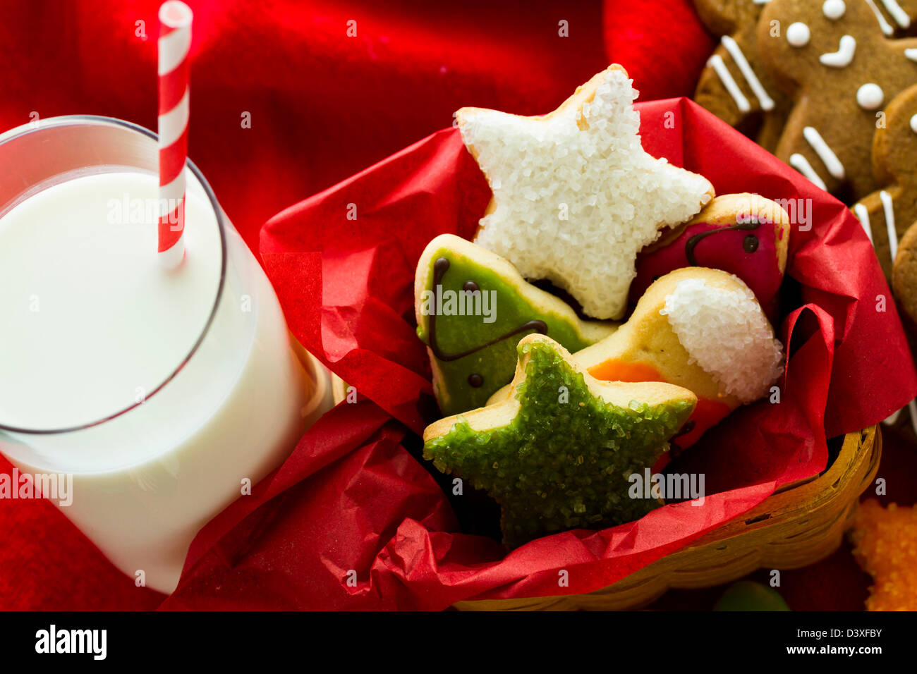 Assorted christmas cookies on red background Stock Photo - Alamy