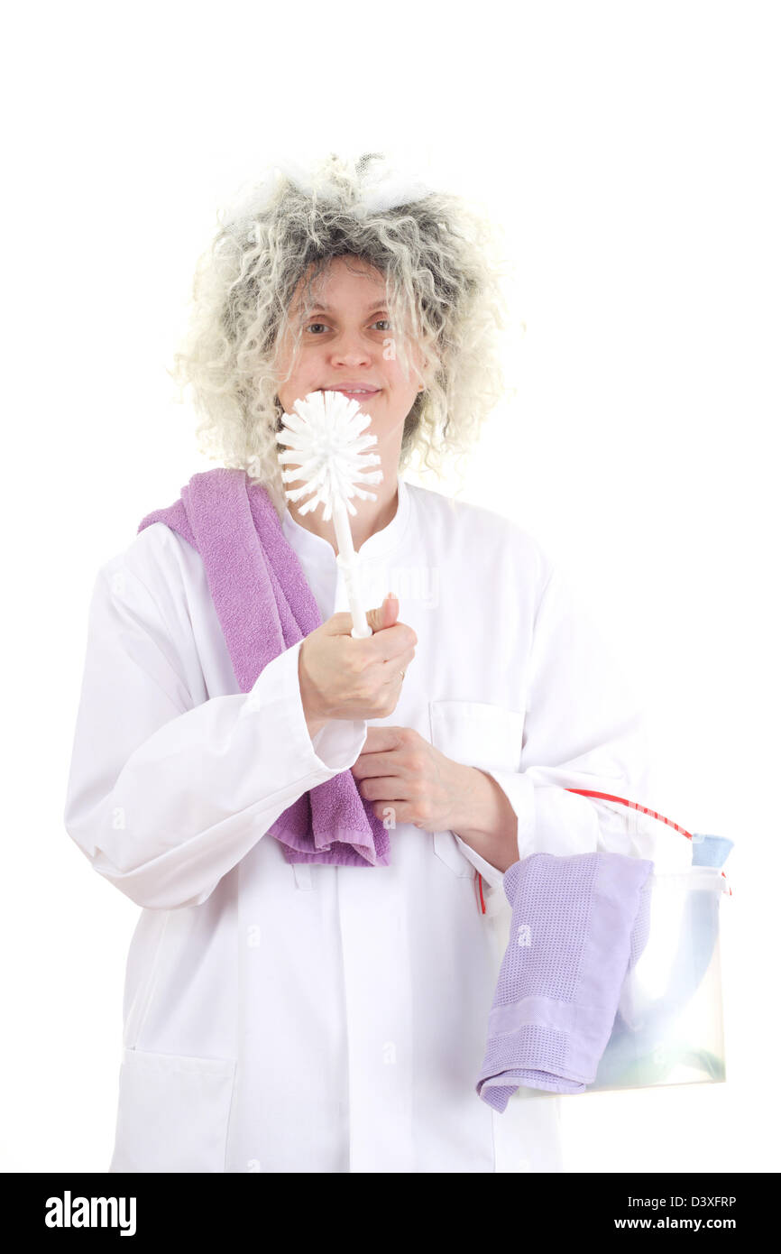 Female cleaner in white work coat Stock Photo - Alamy