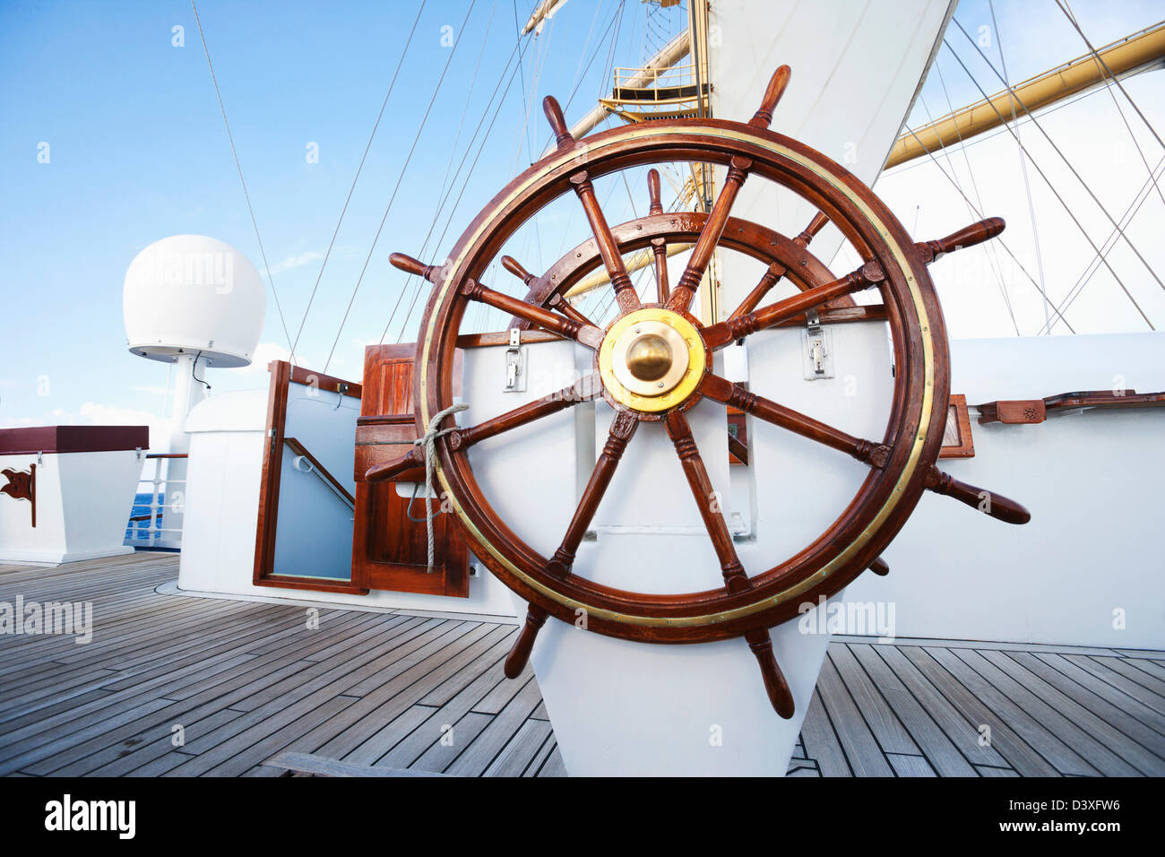 Ships helm on deck of a clipper ship, Italy Stock Photo - Alamy
