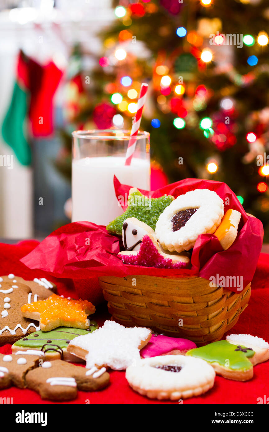 Assorted christmas cookies on red background Stock Photo - Alamy