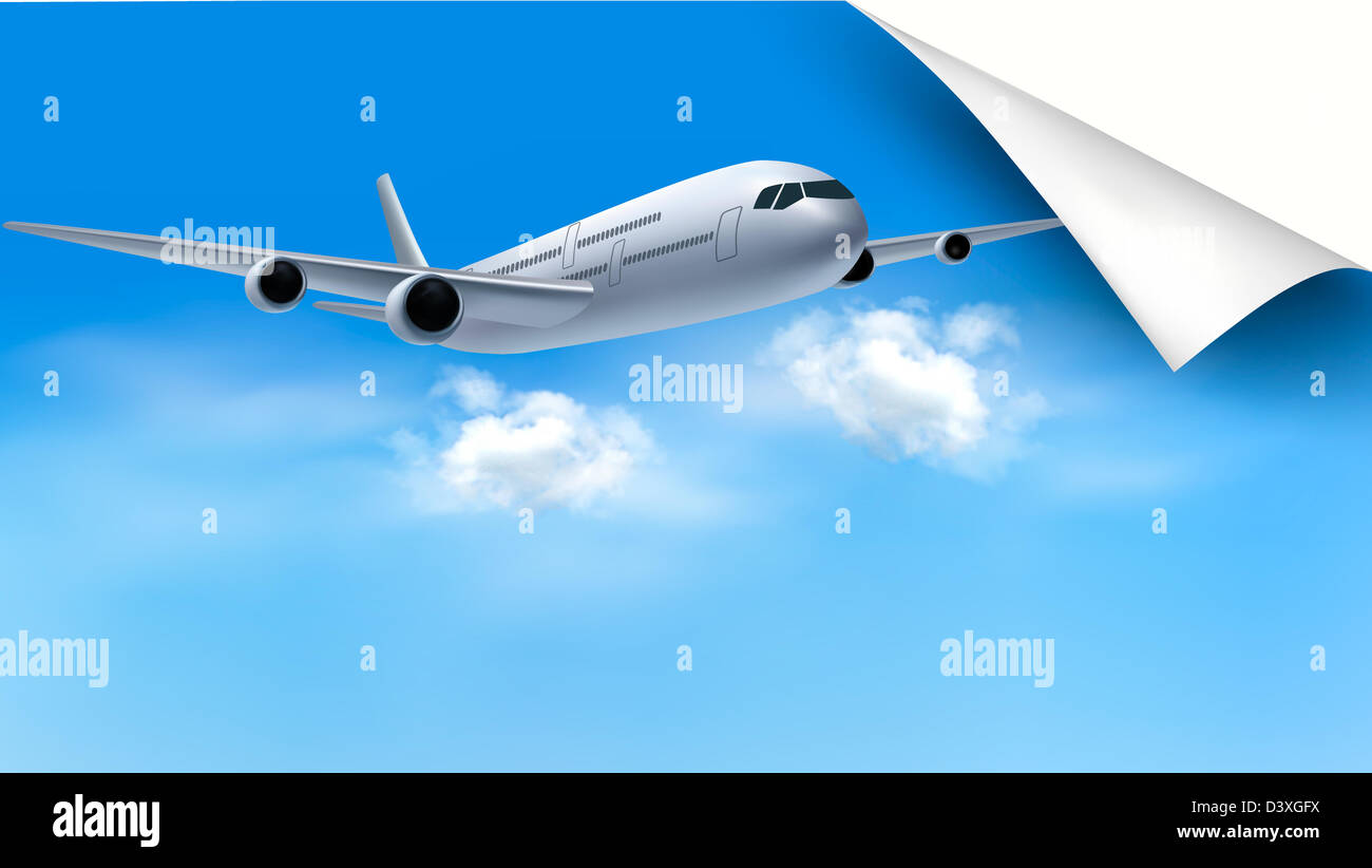 Background with airplane on blue sky. Travel concept. Vector Stock ...