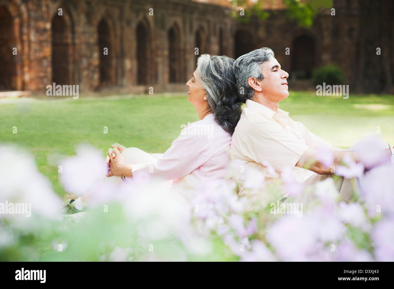 Senior couple sitting back to back in a park, Lodhi Gardens, New Delhi ...