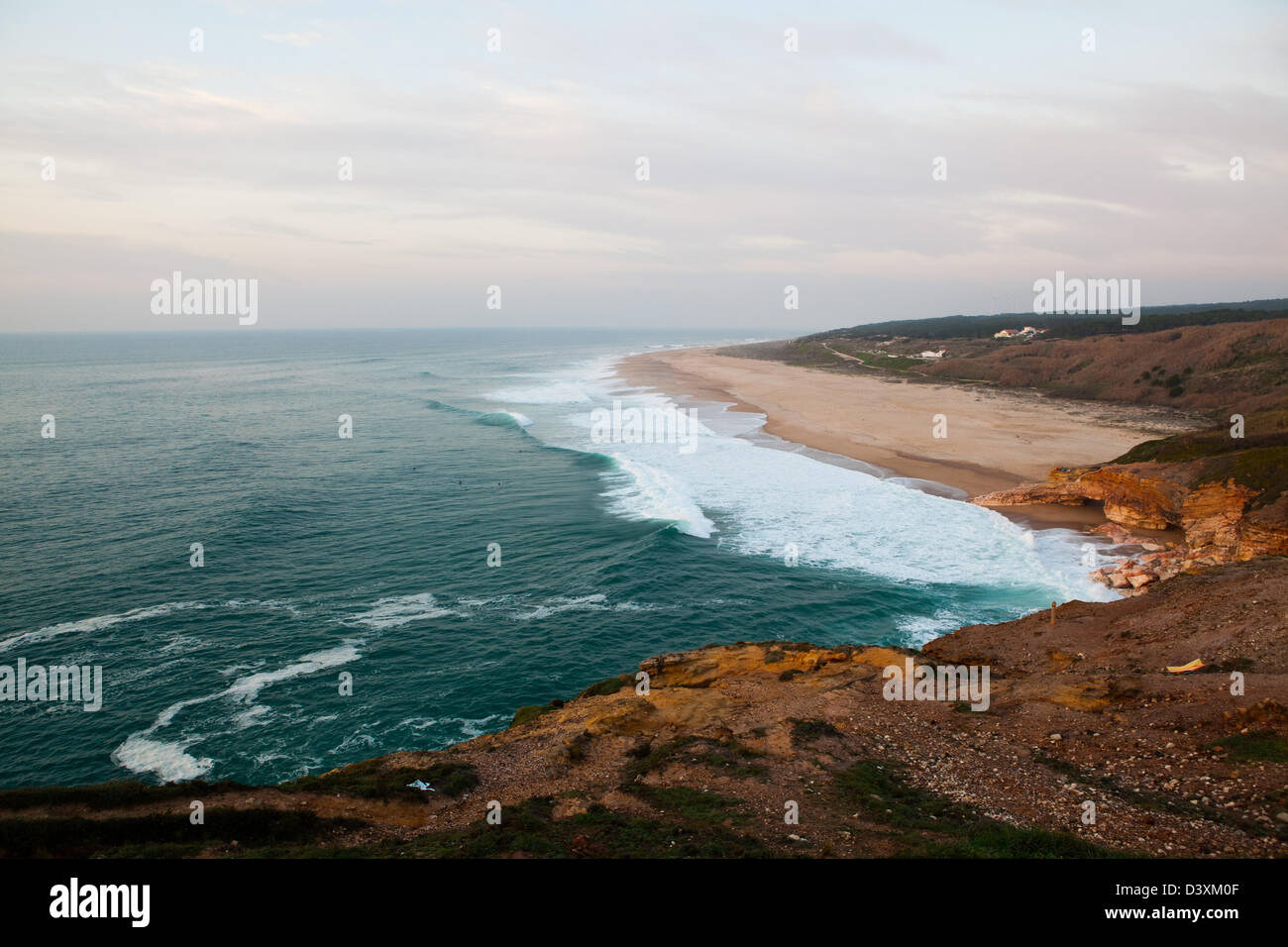 Scenic view of surf beach and ocean near Nazare Portugal Stock Photo ...