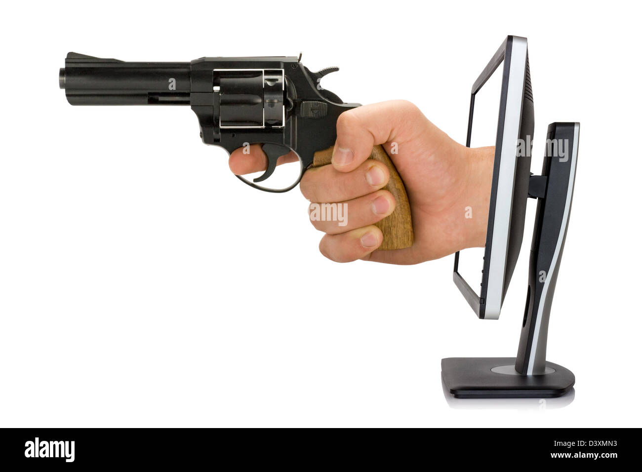 Computer monitor and hand with gun, isolated on white background Stock ...