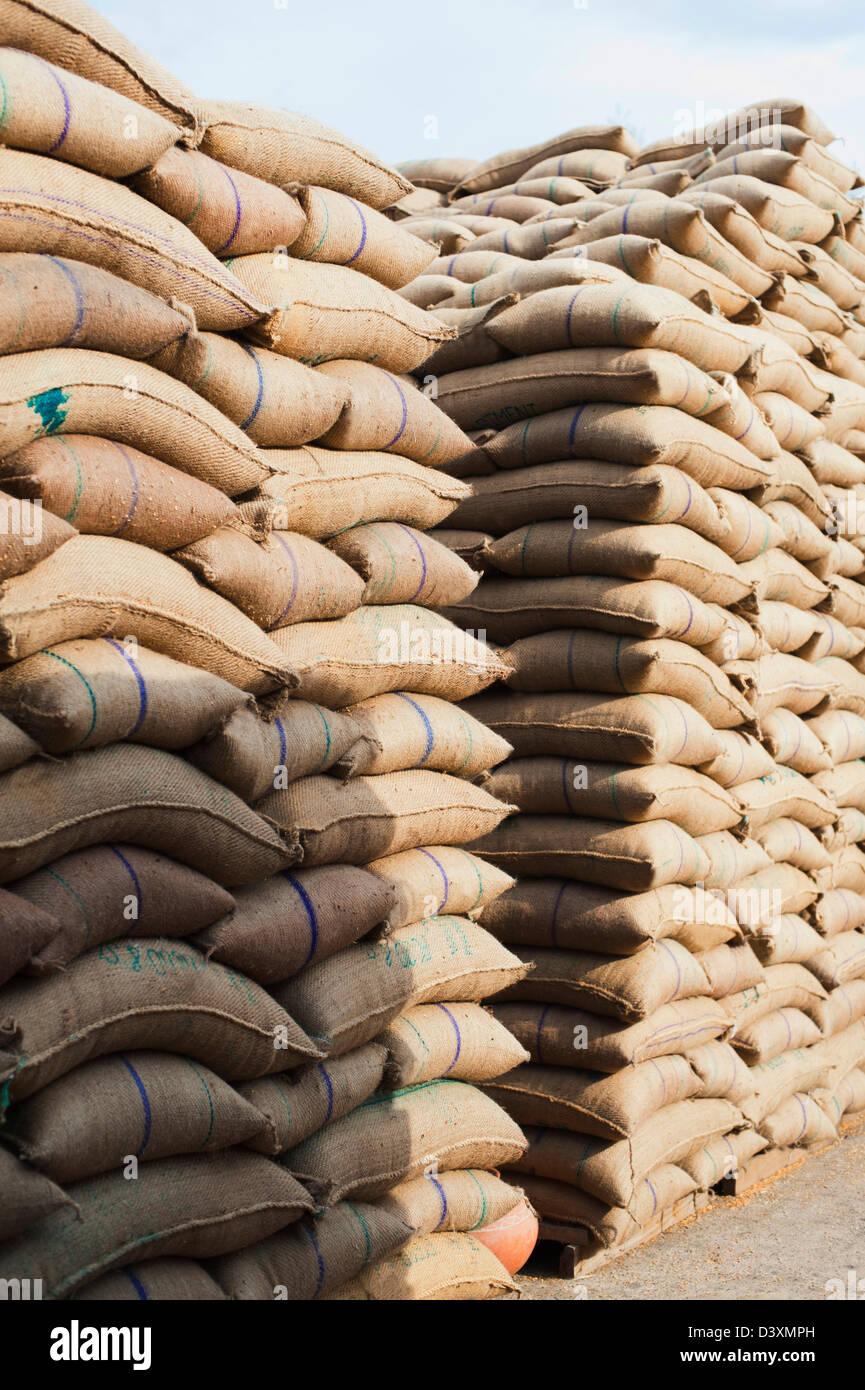 Stacks of wheat sacks in a warehouse, Anaj Mandi, Sohna, Gurgaon ...