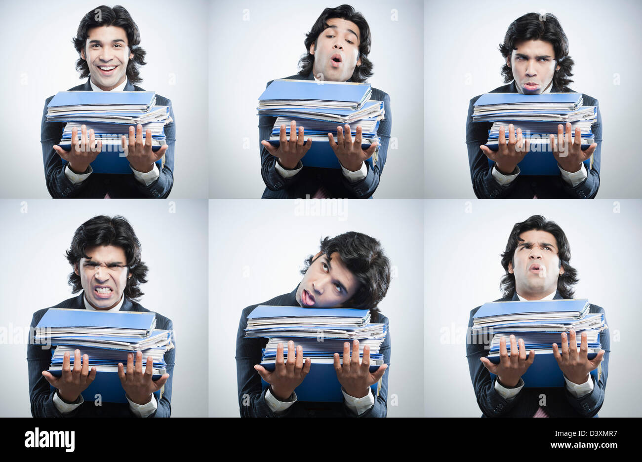 Multiple images of a businessman carrying stack of files making ...