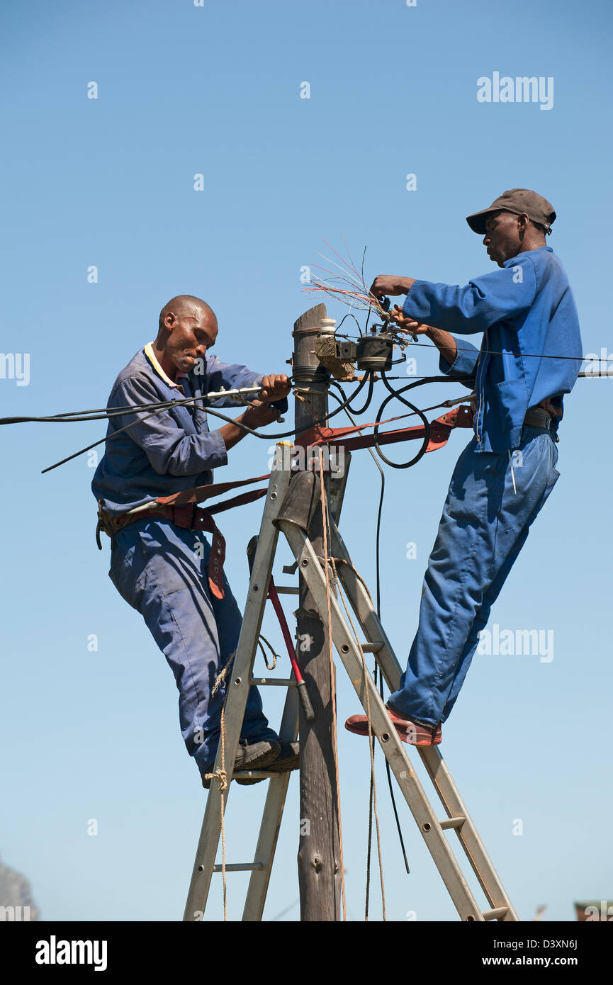 Telkom company telephone engineers working up a telegraph pole. South ...